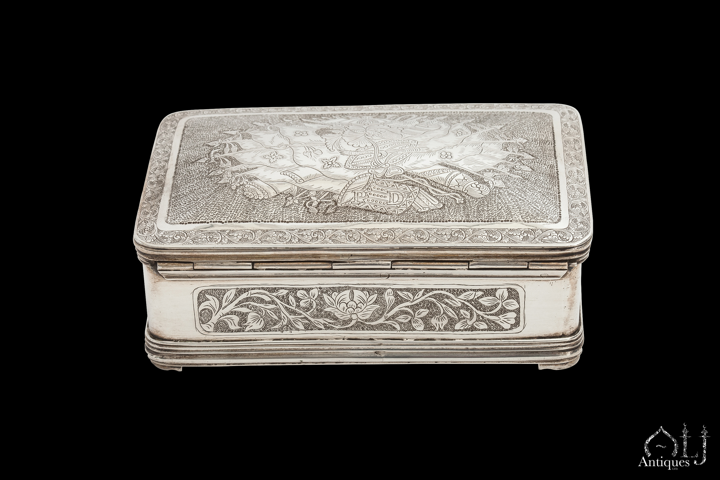 Malay Silver, A Rare Rectangular Footed Finely Engraved Silver Box Made ...