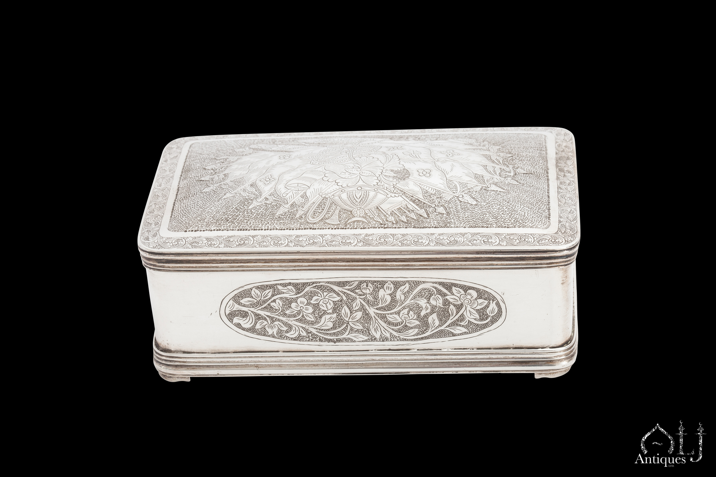 Malay Silver, A Rare Rectangular Footed Finely Engraved Silver Box Made ...