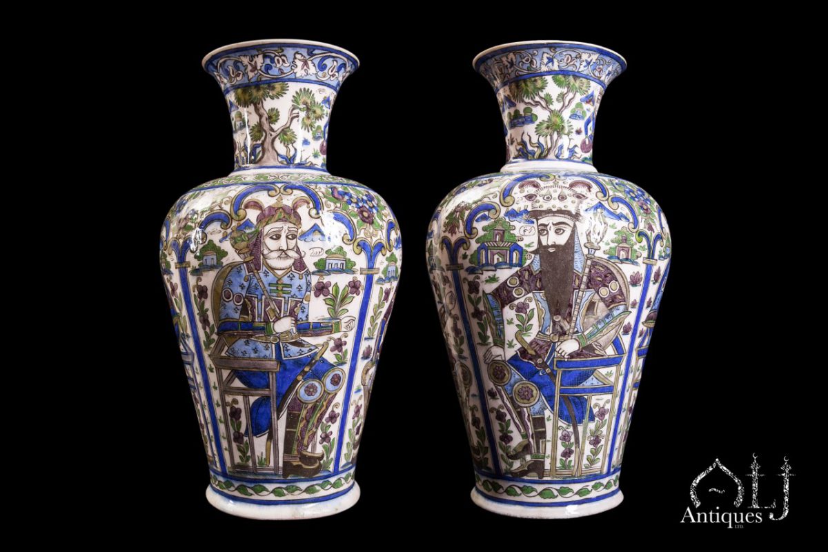 A Large Pair of Qajar Dynasty Underglaze Polychrome Painted Fritware ...